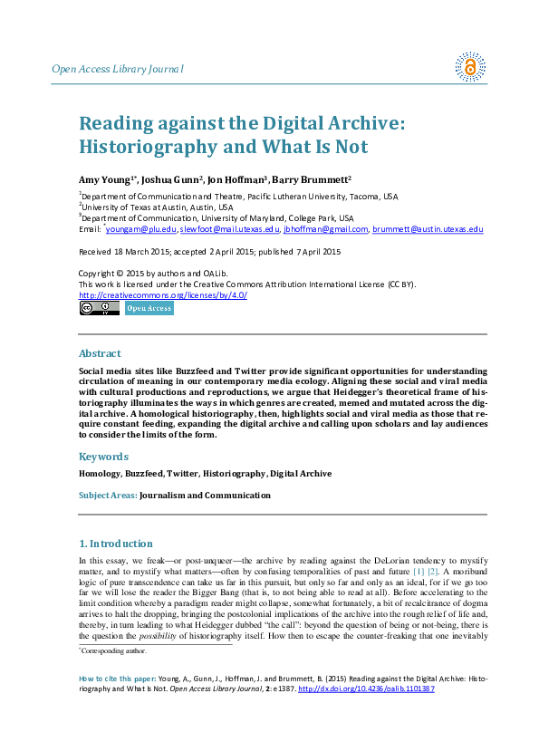 (PDF) Reading against the Digital Archive: Historiography and What Is Not