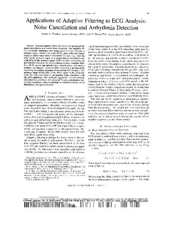 Pdf Applications Of Adaptive Filtering To Ecg Analysis Noise Cancellation And Arrhythmia