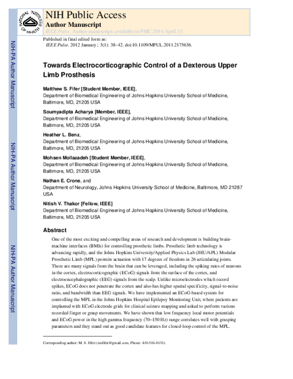 (PDF) Toward Electrocorticographic Control of a Dexterous Upper Limb Prosthesis: Building Brain ...