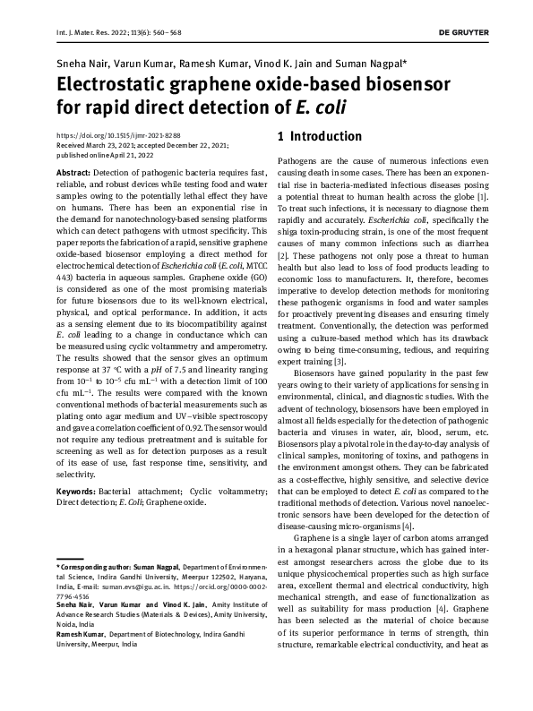 (PDF) Electrostatic graphene oxide-based biosensor for rapid direct detection ofE. coli