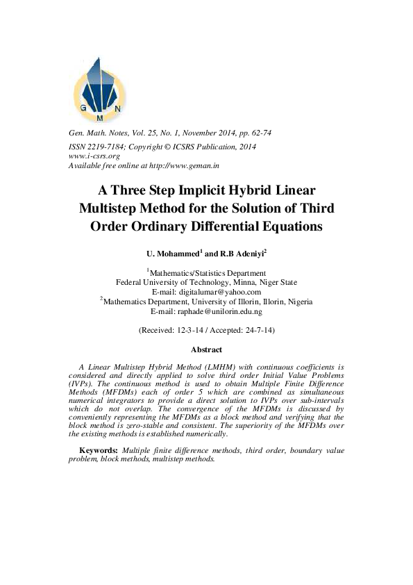 Pdf A Three Step Implicit Hybrid Linear Multistep Method For The Solution Of Third Order