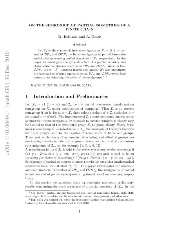 Pdf On The Semigroup Of Partial Isometries Of A Finite Chain Abdullahi Umar