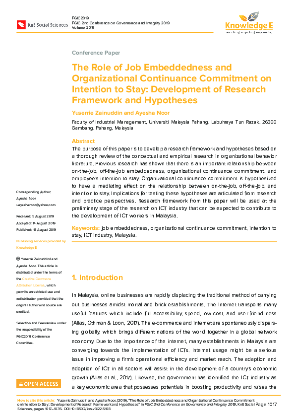(PDF) The Role of Job Embeddedness and Organizational Continuance ...