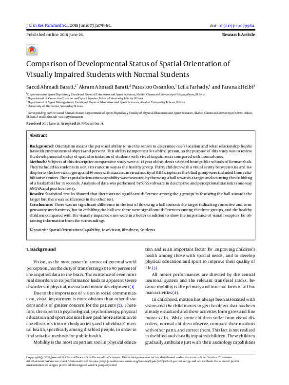 (PDF) Comparison of Developmental Status of Spatial Orientation of Visually Impaired Students ...