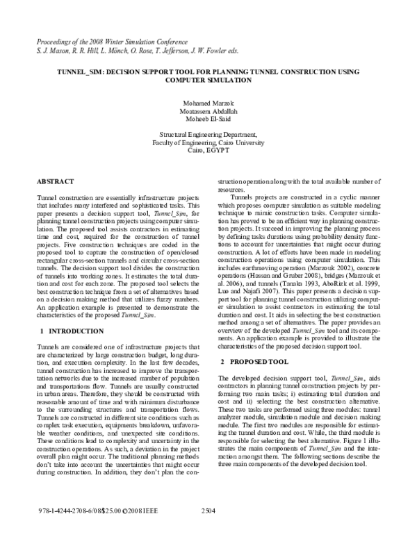 Pdf Tunnelsim Decision Support Tool For Planning Tunnel Construction Using Computer Simulation 