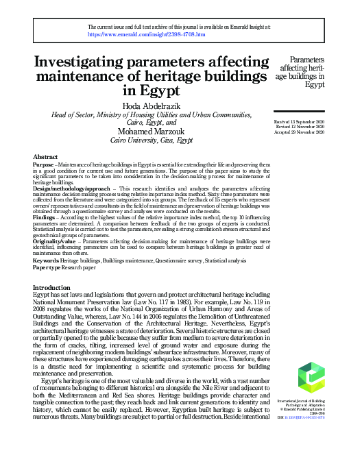 (PDF) Investigating parameters affecting maintenance of heritage ... (PDF) Investigating parameters affecting maintenance of heritage ...