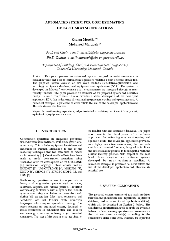 (PDF) Automated System for Cost Estimating of Earthmoving Operations