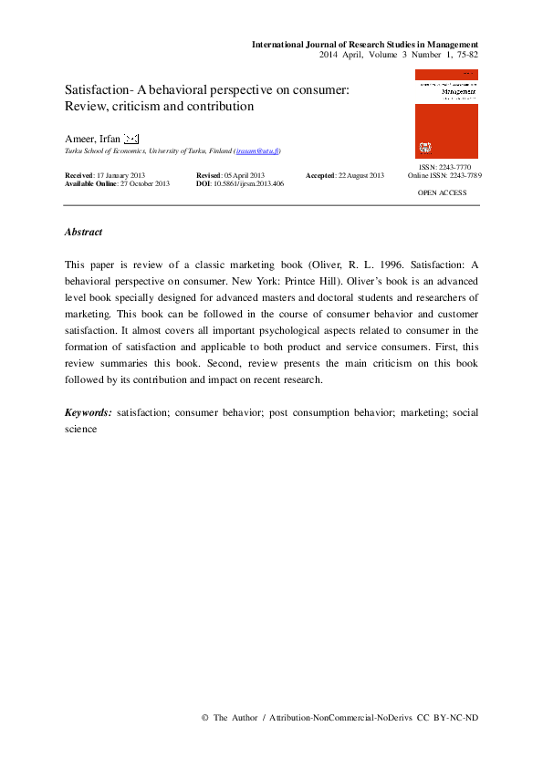 (PDF) Satisfaction- A behavioral perspective on consumer: Review, criticism and contribution