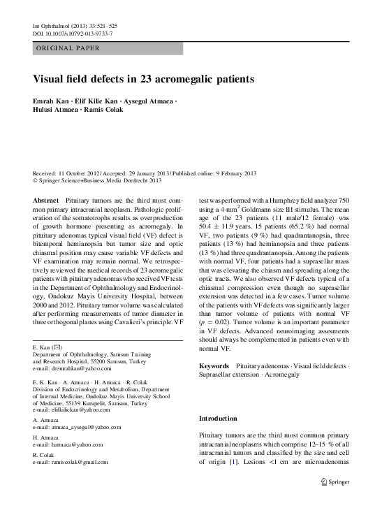 (PDF) Visual field defects in 23 acromegalic patients