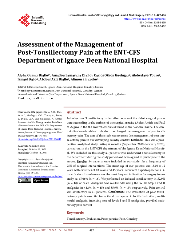 Assessment of the Management of Post-Tonsillectomy Pain at the ENT-CFS ...