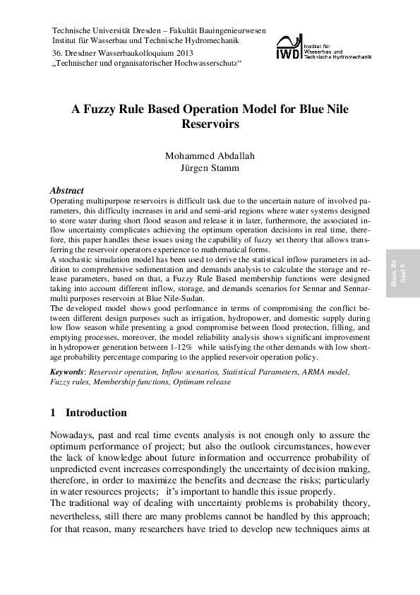 (PDF) A Fuzzy Rule Based Operation Model for Blue Nile Reservoirs