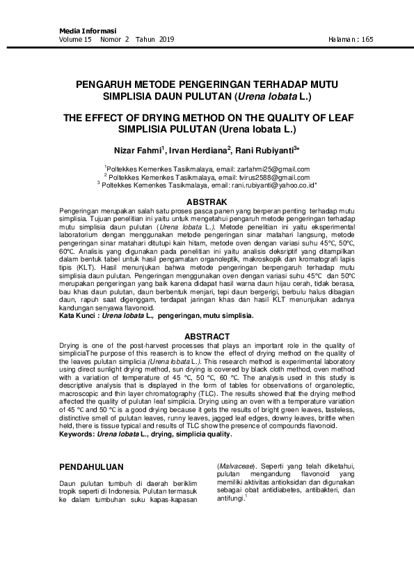(PDF) PENGARUH METODE PENGERINGAN TERHADAP MUTU SIMPLISIA DAUN PULUTAN ...