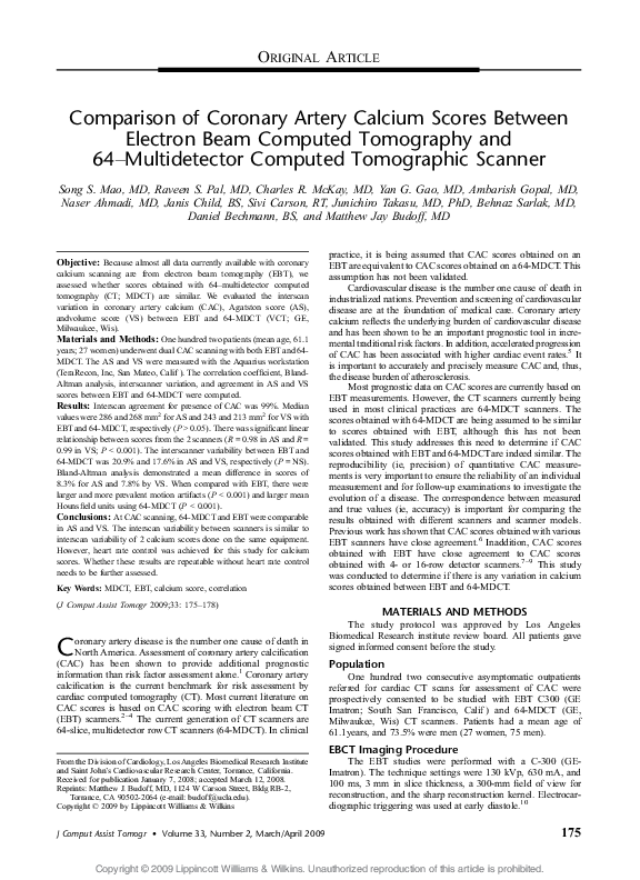 (PDF) Comparison of Coronary Artery Calcium Scores Between Electron ...