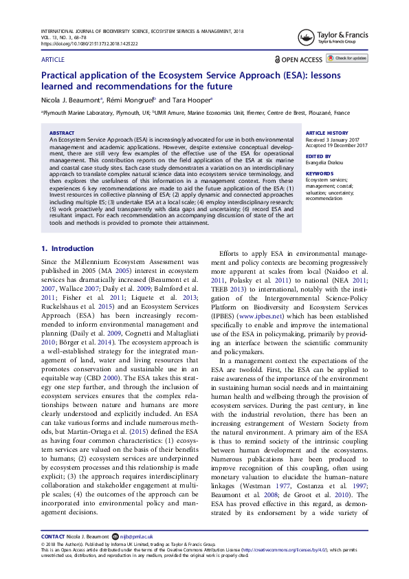 (PDF) Practical application of the Ecosystem Service Approach (ESA ...