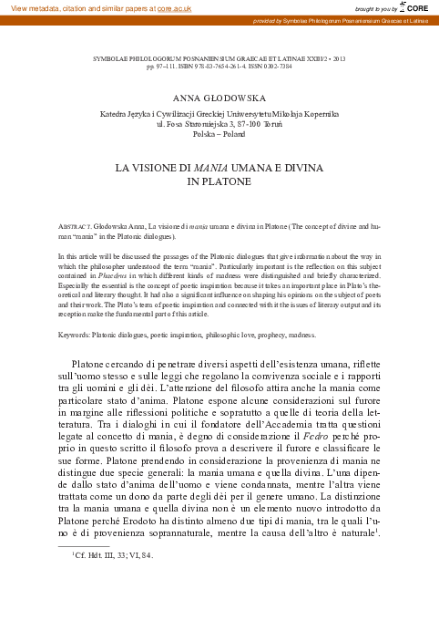 (PDF) La visione di mania umana e divina in Platone (The concept of ...