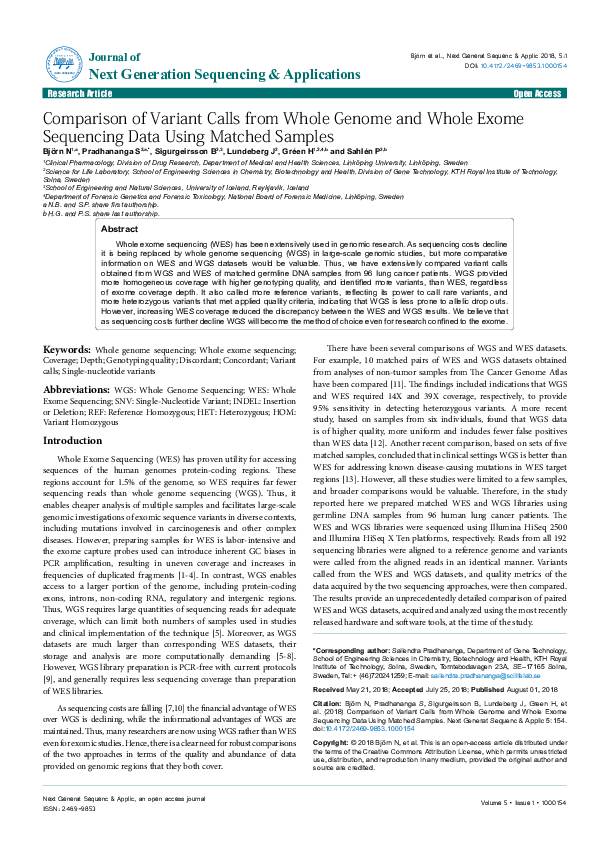 Pdf Comparison Of Variant Calls From Whole Genome And Whole Exome
