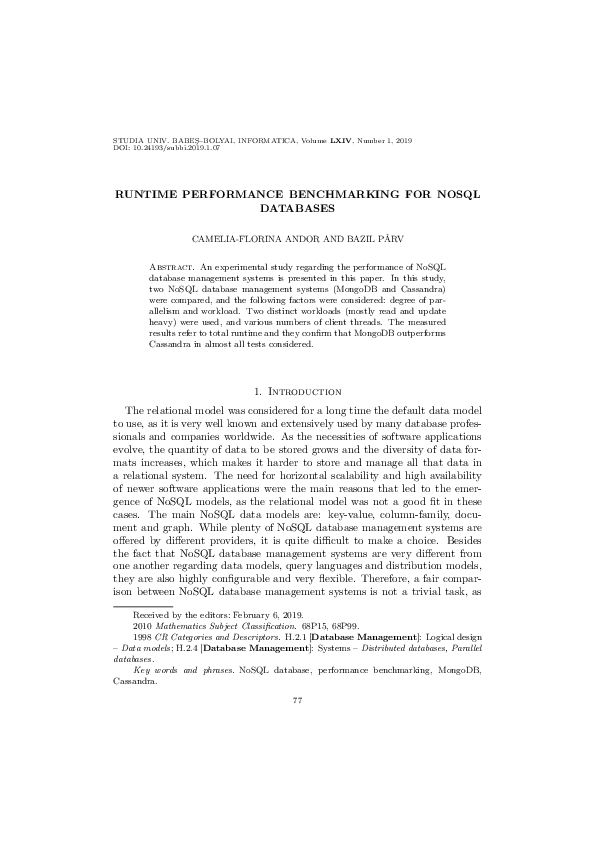 (PDF) Runtime Performance Benchmarking for NoSQL Databases