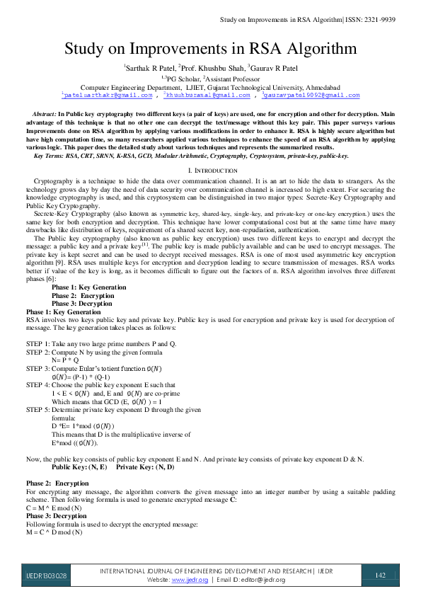 (PDF) Study on Improvements in RSA Algorithm 1