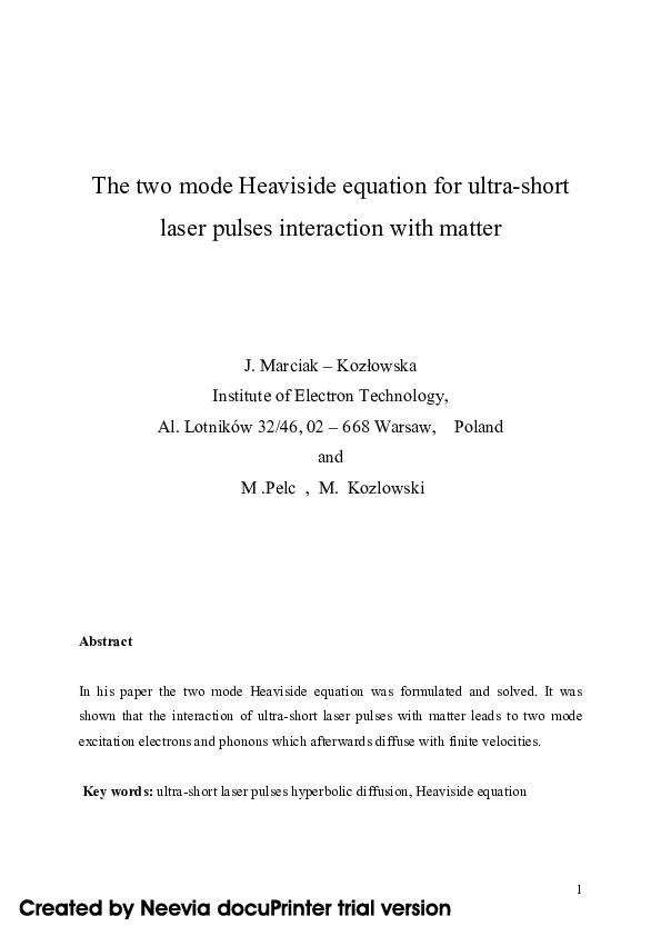 (PDF) The two mode Heaviside equation for ultra-short laser pulses ...