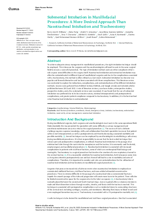 (PDF) Submental Intubation in Maxillofacial Procedures: A More Desired ...