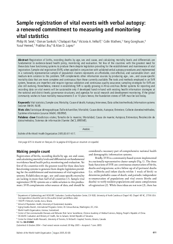 (PDF) Sample registration of vital events with verbal autopsy: a ...