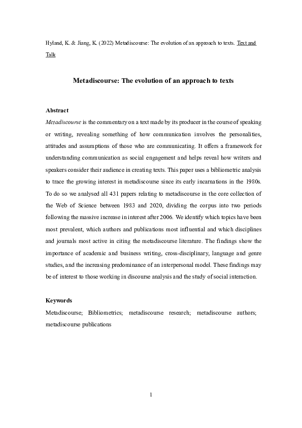 (PDF) Metadiscourse: The evolution of an approach to texts