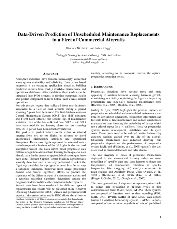 (PDF) Data-Driven Prediction of Unscheduled Maintenance Replacements in a Fleet of Commercial ...