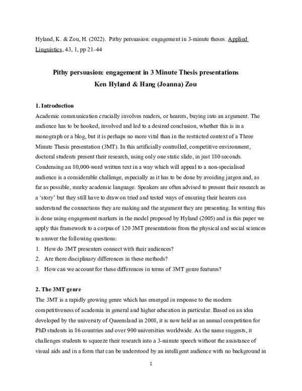 (DOC) Pithy persuasion: engagement in 3 Minute Thesis presentations