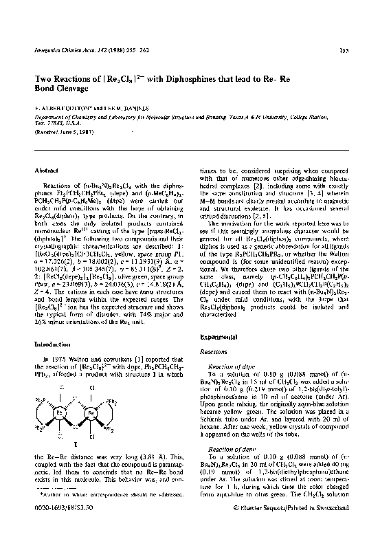 (PDF) Two reactions of [Re2Cl8]2− with diphosphines that lead to Re Re ...