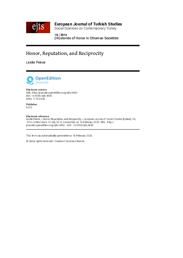 (PDF) Honor, Reputation, and Reciprocity