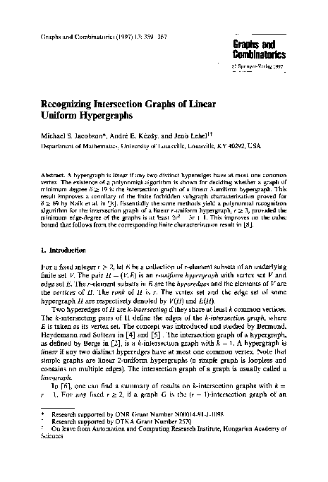 (PDF) Recognizing Intersection Graphs of Linear Uniform Hypergraphs