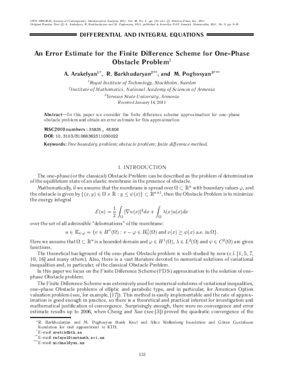 Pdf An Error Estimate For The Finite Difference Scheme For One Phase