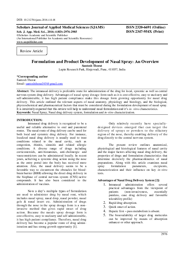 (PDF) Formulation and Product Development of Nasal Spray : An Overview