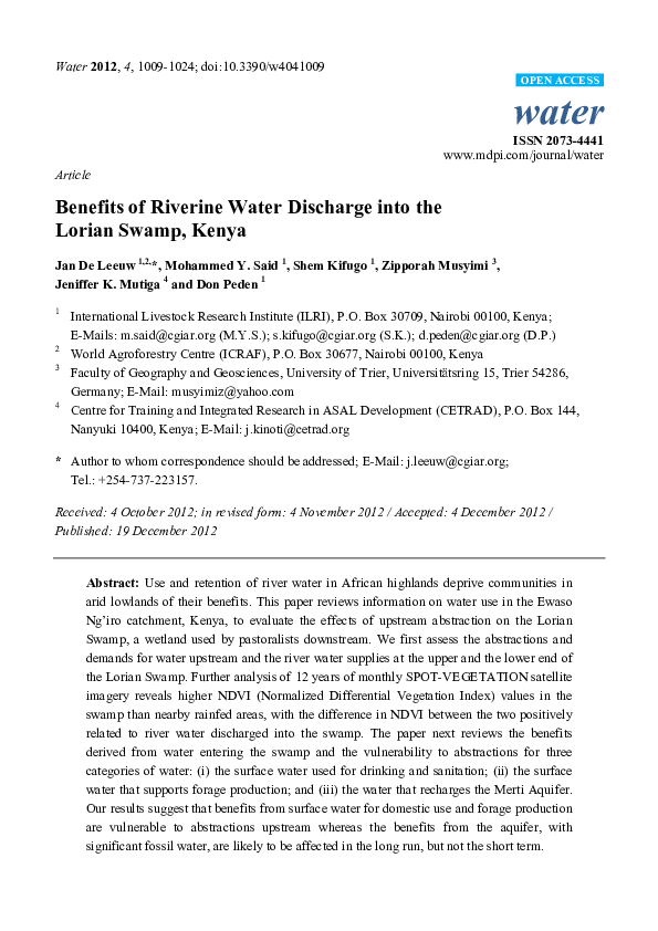 (PDF) Benefits of Riverine Water Discharge into the Lorian Swamp, Kenya