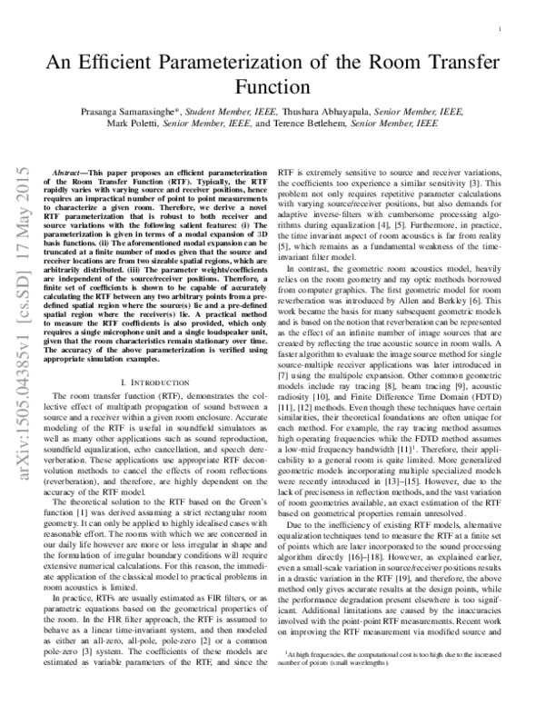 Pdf An Efficient Parameterization Of The Room Transfer Function