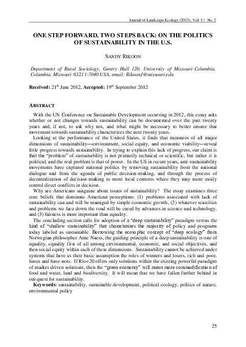(PDF) One Step Forward, Two Steps Back: on the Politics of Sustainability in the U.S