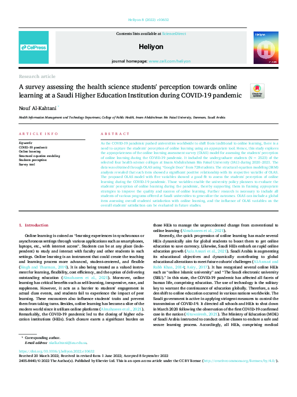 (PDF) Online Learning Perceptions in Saudi Health Students