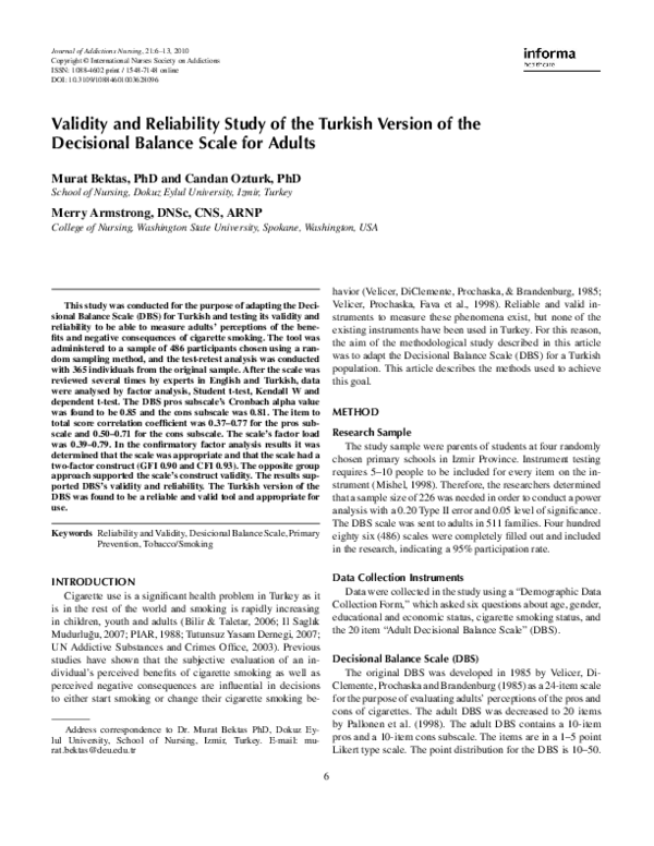 (PDF) Validity and Reliability Study of the Turkish Version of the Decisional Balance Scale for ...
