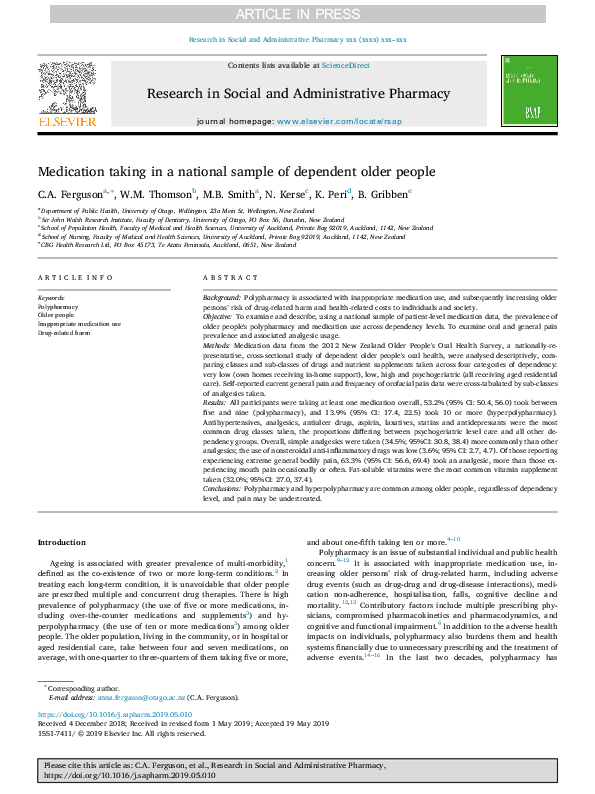 (PDF) Medication taking in a national sample of dependent older people
