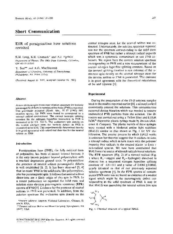 (PDF) ESR of pernigraniline base solutions revisited | Keith CROMACK ...
