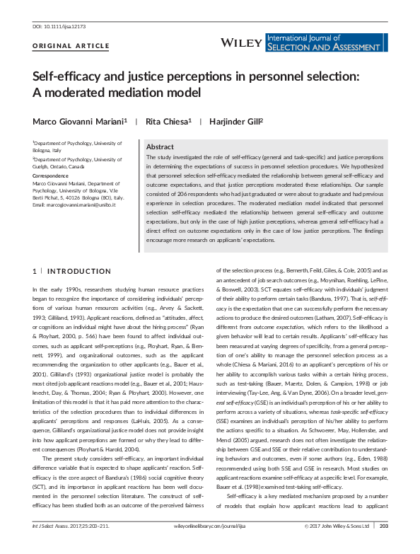 (PDF) Self-efficacy and justice perceptions in personnel selection: A ...