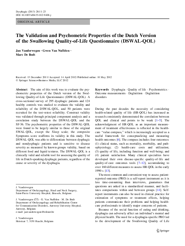 (PDF) The Validation and Psychometric Properties of the Dutch Version of the Swallowing Quality ...