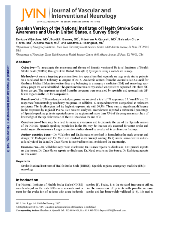 (PDF) Spanish Version of the National Institutes of Health Stroke Scale ...