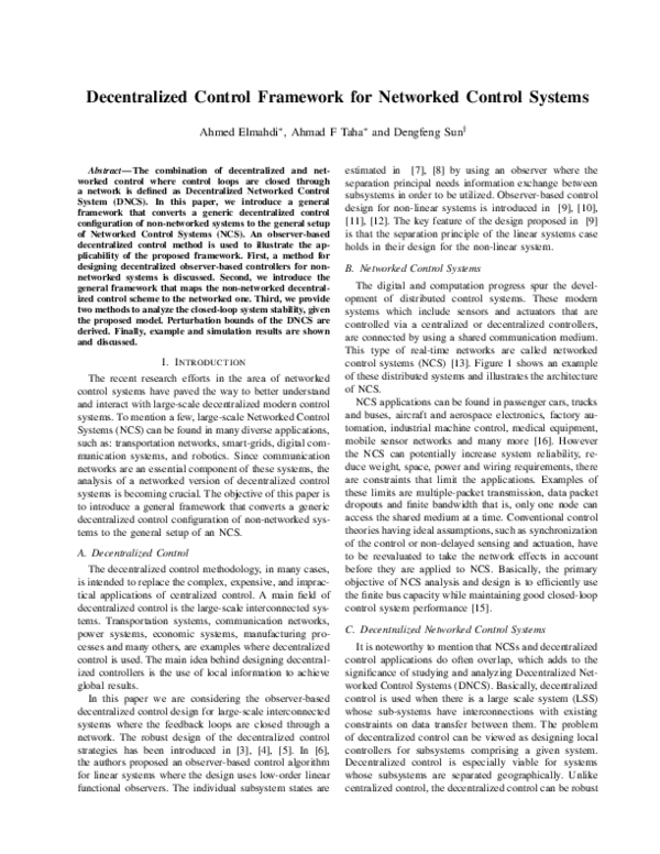 (PDF) Decentralized Control Framework for Networked Control Systems