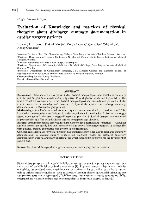 (PDF) Evaluation of Knowledge and practices of physical therapist about ...