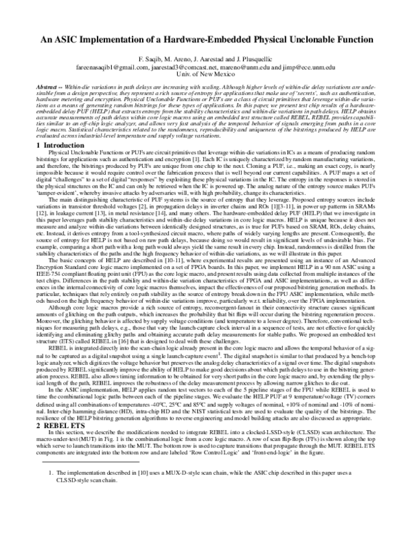 Pdf Asic Implementation Of A Hardware Embedded Physical Unclonable Function