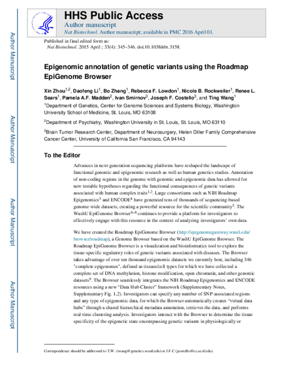 (PDF) Epigenomic annotation of genetic variants using the Roadmap ...