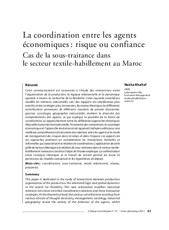 (PDF) La coordination entre les agents économiques : risque ou ...