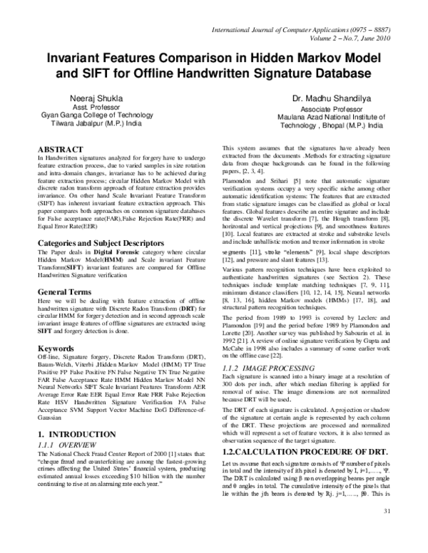 Pdf Invariant Features Comparison In Hidden Markov Model And Sift For Offline Handwritten