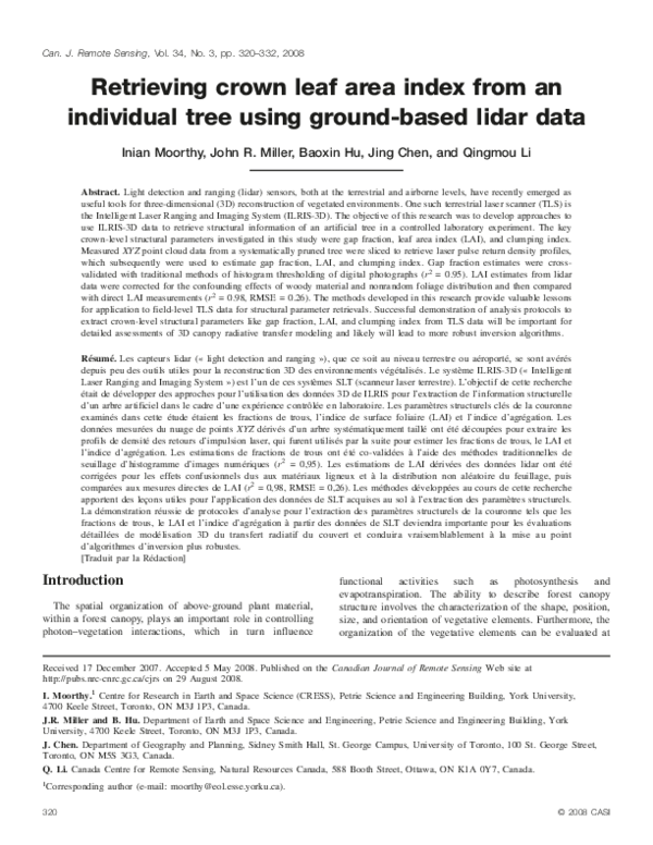 Pdf Retrieving Crown Leaf Area Index From An Individual Tree Using Ground Based Lidar Data Q